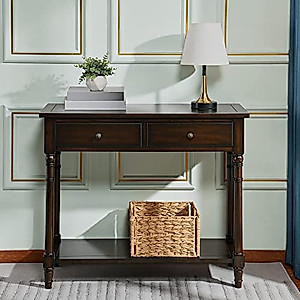 Solid Wood Console Entry Table with 2 Drawers, Accent Table with Storage Shelf, Narrow Sofa Side Table for Living Room,Blank Wall, 35.4”L x 30.1”H x 13.8”W Easy Assembly Vintage Walnut SFZ004DC