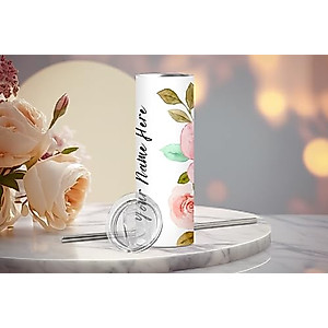 Personalized Flowered Skinny Tumbler 20Oz, Stainless Steel with lid, Straw, Brush and Non-Slip Base. Keep Drinks Hot or Cold. Use like Water Bottle, Coffee Mug, Travel Mug, Wine Cup. (Light Pink)