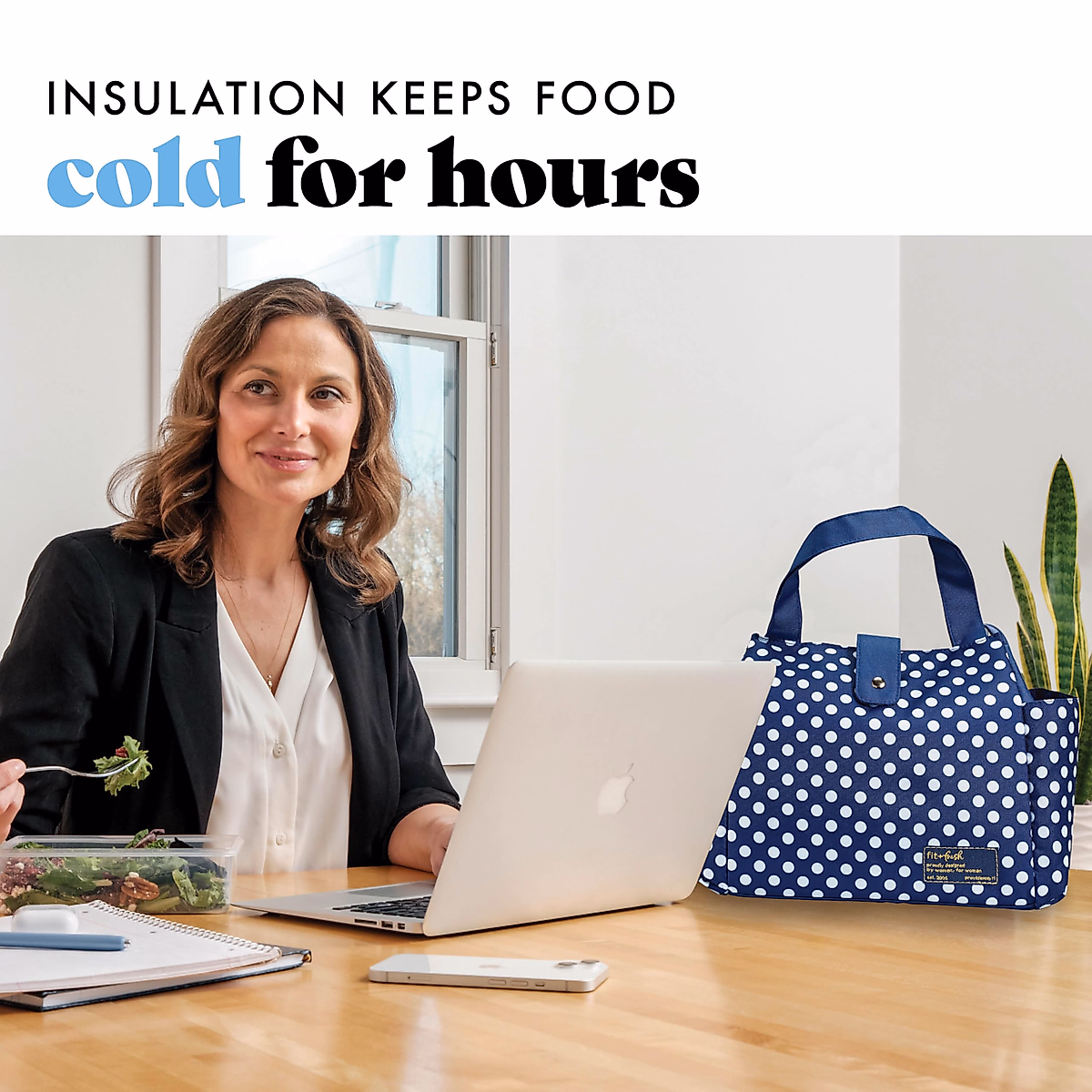 Fit & Fresh Lunch Bag For Women, Insulated Womens Lunch Bag For Work, Leakproof & Stain-Resistant Large Lunch Box For Women, Snap Closure Westport Bag Navy Dot