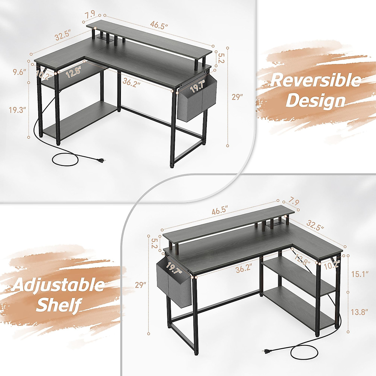 Mr IRONSTONE L Shaped Desk with Power Outlets & LED Lights, Computer Desk with Long Monitor Stand, 47 Inch Office Desk, Corner Desk for Small Space, Home Office Desk, Black Oak