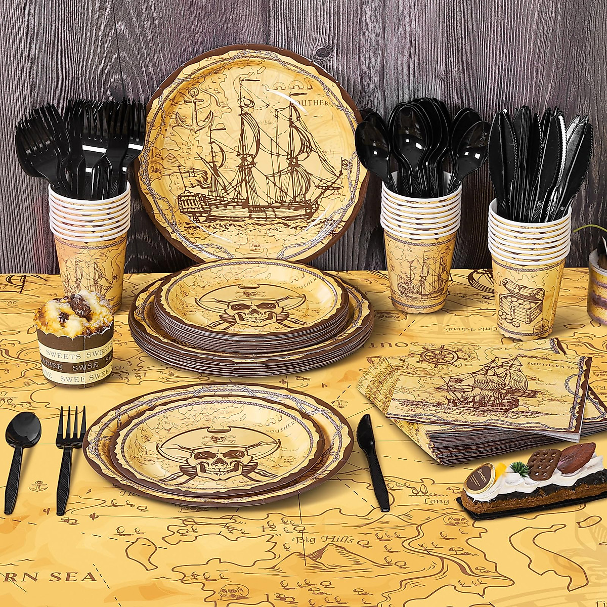 Durony 169-Piece Pirate Tableware Set - Pirate & Treasure Theme Birthday Party Supplies - Plastic Tablecloth, Plates, Napkins, Cups & Favors - Treasure Map Decors
