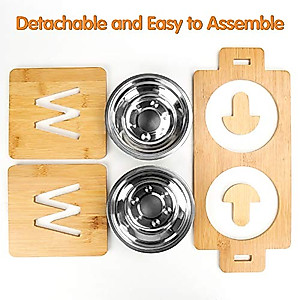 Elevated Dog Bowls,Adjustable 15° Tilted Slanted Raised Pet Food Water Feeder with Stainless Steel Bowl for Small Dogs Cat,French Bulldog Feeding Dishes with Bamboo Stand for Flat Face Puppy