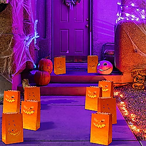 48 Pcs Halloween Luminary Bags with LED Light Candles Set 24 Pcs Halloween Flame Resistant Candle Bags 24 Pcs LED Light Candles Halloween Pumpkin Ghost Decor Luminary Bags for Outdoor Patio Front door