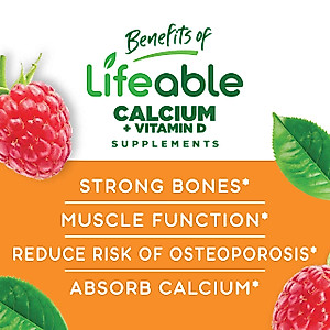 Lifeable Calcium 500 mg with Vitamin D3 1000 IU Gummies for Kids - Natural Flavor Vitamin Supplements - Gluten Free GMO-Free Chewable - for Bone, Groth, Teeth - for Children - 60 Gummies