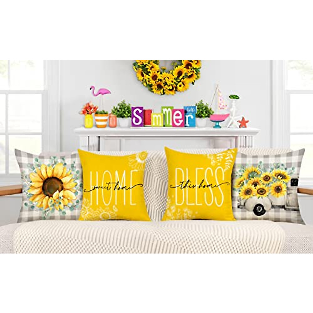 Spring Summer Pillow Covers 18x18 Set of 4 Sunflower Decorations for Farmhouse Pillows Home Sweet Home Bless This Home Decorative Throw Pillows Yellow Gray Throw Cushion Case for Home Decor TH169