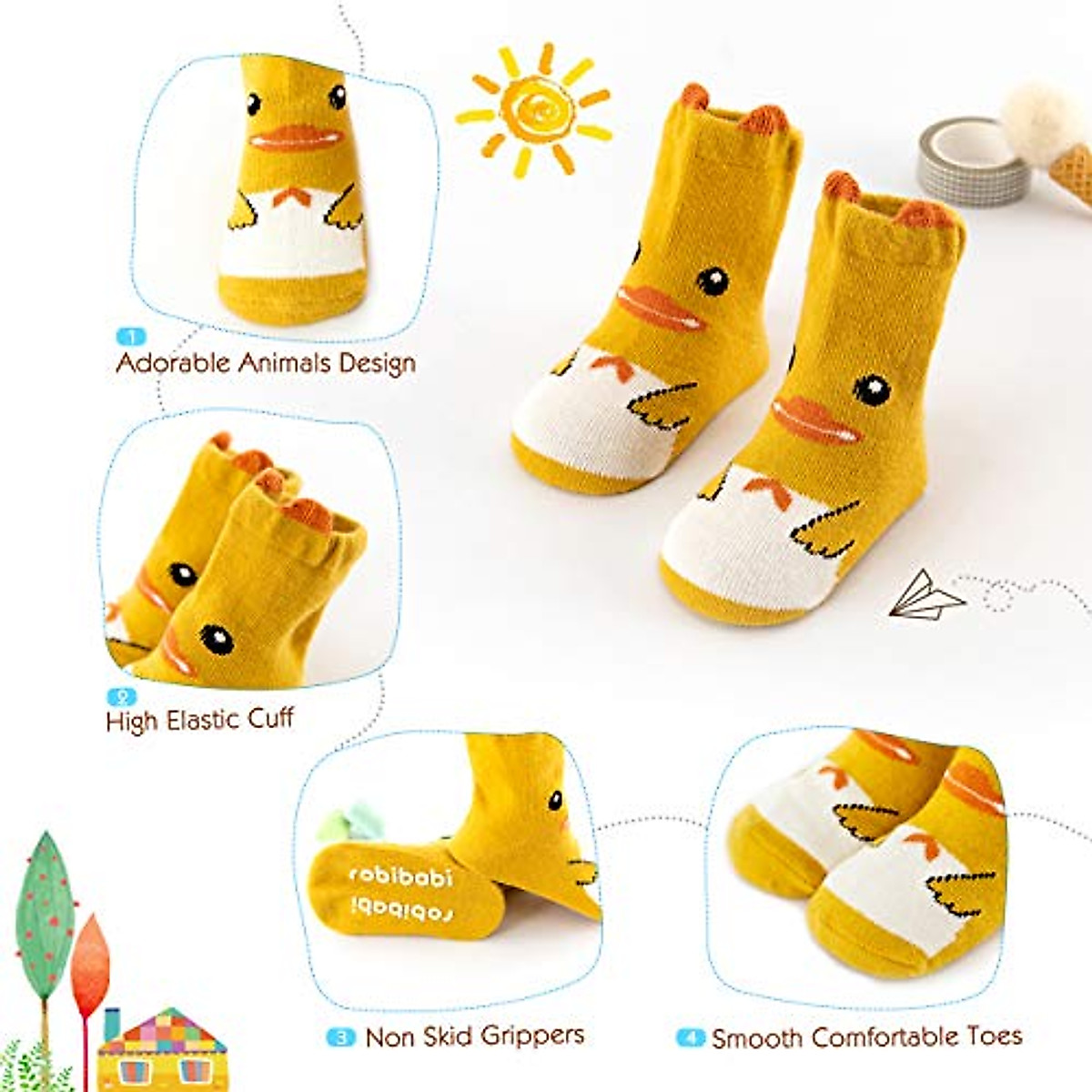 Fanairy Baby Boys Girls Socks with Grips Toddler Infant Non-Skid Crew Cotton Cartoon Socks 12 Pack, Assorted Color, 1-3T