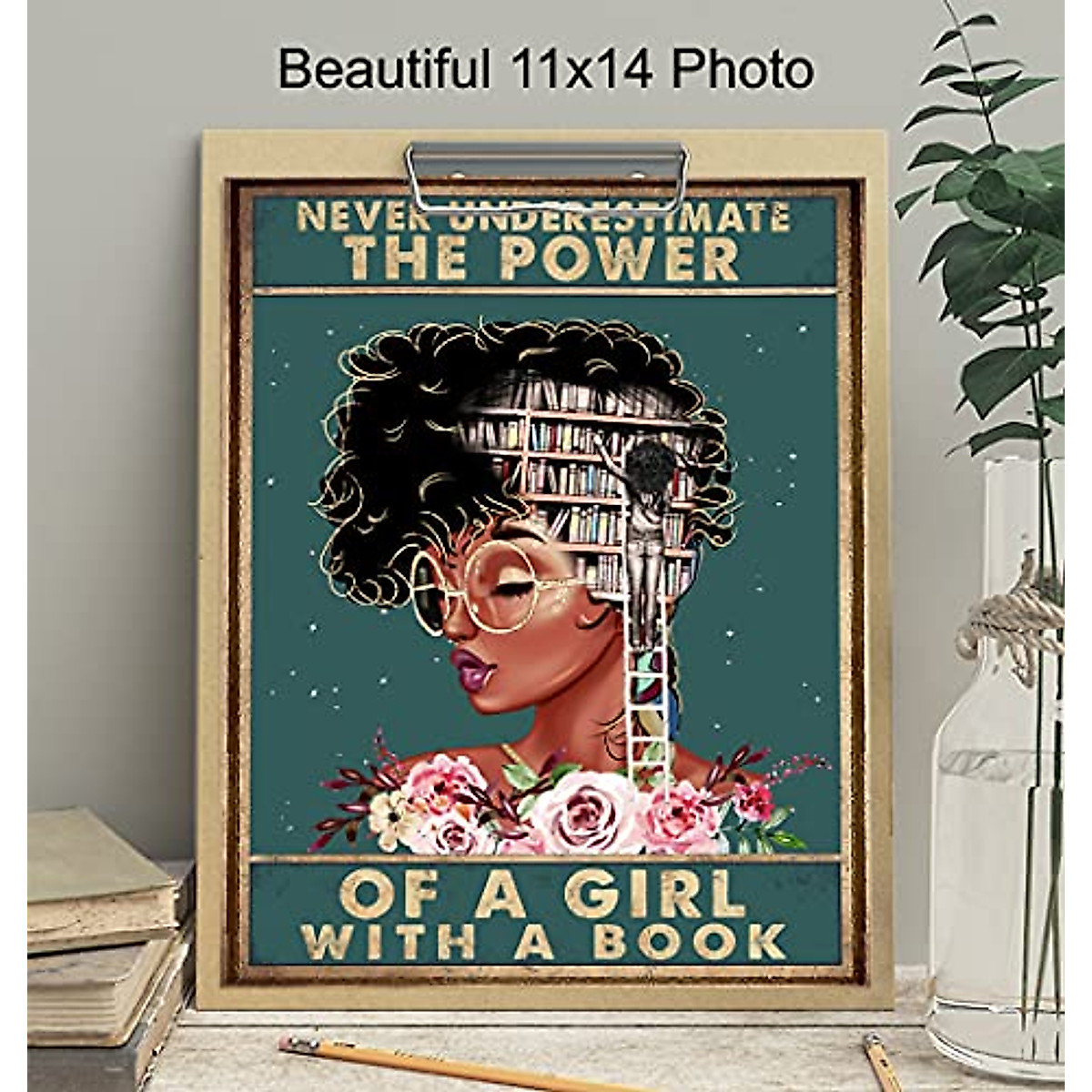 African American Classroom Decor - LARGE 11x14 - Never Underestimate a Girl With a Book Wall Art - African American Girl, Women - Inspirational Motivational Poster - Positive Quotes - Black Art