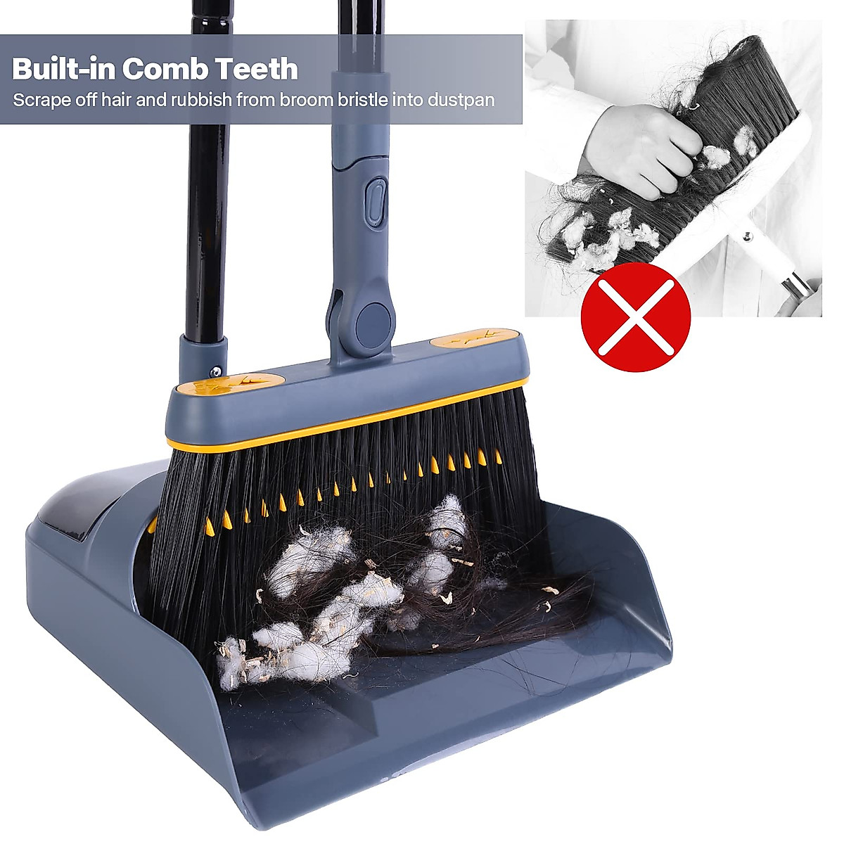 JEHONN Broom and Dustpan Set for Home, 54 Inches Long Handle Lightweight 180 Degree Rotating Indoor Upright Standing Dust Pan with Comb Teeth, Store Sweep Set for Room Kitchen Lobby Office