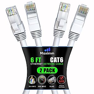 Maximm Cat 6 Ethernet Cable 6 ft (2-Pack) - High-Speed LAN Cable, Internet Cable, Patch Cable, and Network Cable - UTP, 10Gbps, 550MHz Ethernet Cord - White