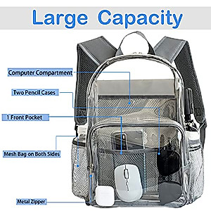 BAJNOKOU Clear Backpack Transparent Heavy Duty Backpacks See Through PVC Plastic Large Bookbag for School Work Stadium Security Sporting Events (Grey)
