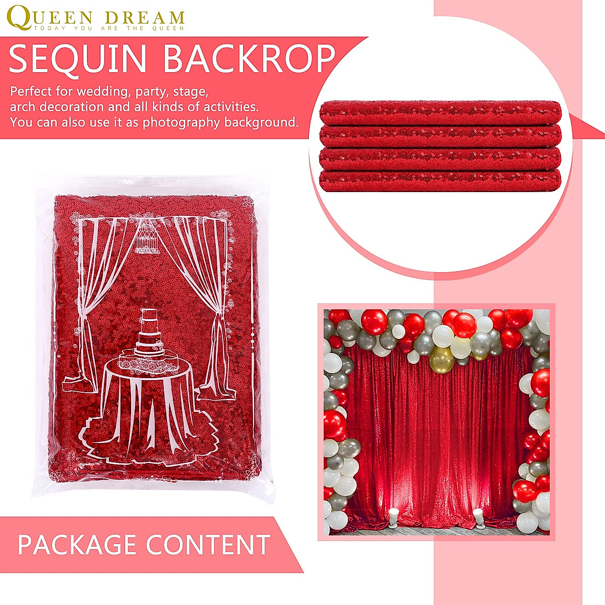 Red Sequin Backdrop 4 Panels 2FTx8FT Christmas Party Backdrop Curtains Photo Background Drapes Glitter Birthday Bridal Backdrop Drapes