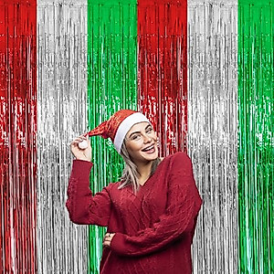 3 Packs 3.3ft x 6.6ft Christmas Foil Fringe Curtains Christmas Party Decoration Red Silver Green Tinsel Foil Fringe Curtains Shiny Metallic Backdrop Photo Booth Props for Christmas Party Supplies