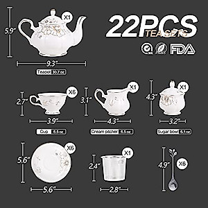 Tea Set 22-Piece Porcelain Ceramic Coffee Tea Gift Sets Cups Saucer Service for 6 Teapot Sugar Bowl Creamer Pitcher and Teaspoons (Chrysanthemum)