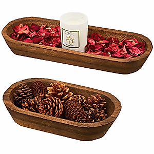 Decorative Bowls for Home Decor 2 Pieces Wooden Dough Bowl Wooden Bowls Rustic Bread Bowl Long Wooden Bowl for Kitchen Home Dining Table Centerpiece Decorations (10 x 6 x 2 Inch, 16 x 6 x 2 Inch)