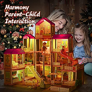 Doll House for 3 Year Old Girls,4-Story 13 Rooms Doll House,Fully Furnished Dollhouses w/Lights,Play Mat and Upgraded Doll,Play House Accessories,Elevator and Slide,Gift Toy for Kids 4 5 6 7 8 to 12+