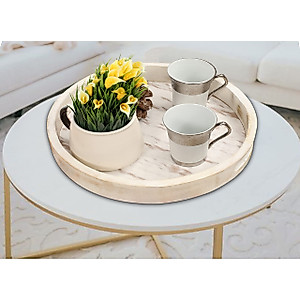 Wooden Serving Tray, Round Wood Tray with Handles, Antique White Decorative Tray for Ottoman, Kitchen/Coffee Table, Set of 2