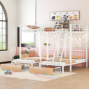 Metal Triple Bunk Bed Full Over Twin & Twin, Full Over Twin & Twin Bunk Bed with Storage Drawers, 3 Bunk Beds/Convertible Into 3 Beds, Metal Triple Bunk Beds for Kids,Teens, Girls(White)