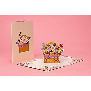 Paper Love 3D Pop Up Card, Floral Basket, Handmade Popup Greeting Cards, For Mothers Day, Spring, Thinking of You, Thank You, Sympathy, Wedding, Anniversary, Get Well, Just Because, All Occasion, 5" x 7"