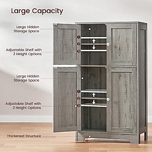 Iwell Storage Cabinet, Bathroom Cabinet with 4 Doors & 2 Adjustable Shelves, 6 Adjustable Heights, Cupboard for Living Room, Entryway, Home Office, Grey
