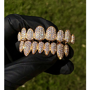 14k Iced 1.2 ct CZ Set 8 Teeth Joker Gold Grillz for Mouth Top Bottom Hip Hop Teeth Grills for Teeth Mouth Grillz for Mouth Top Bottom Set (Gold)