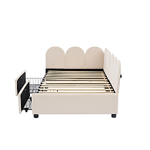 Nahenduo Twin Size Velvet Daybed with 2 Storage Drawers, Upholstered Corner Bed Frame with Arch-Shaped Headboard for Kids Girls and Boys, No Box Spring Needed (White, Twin)