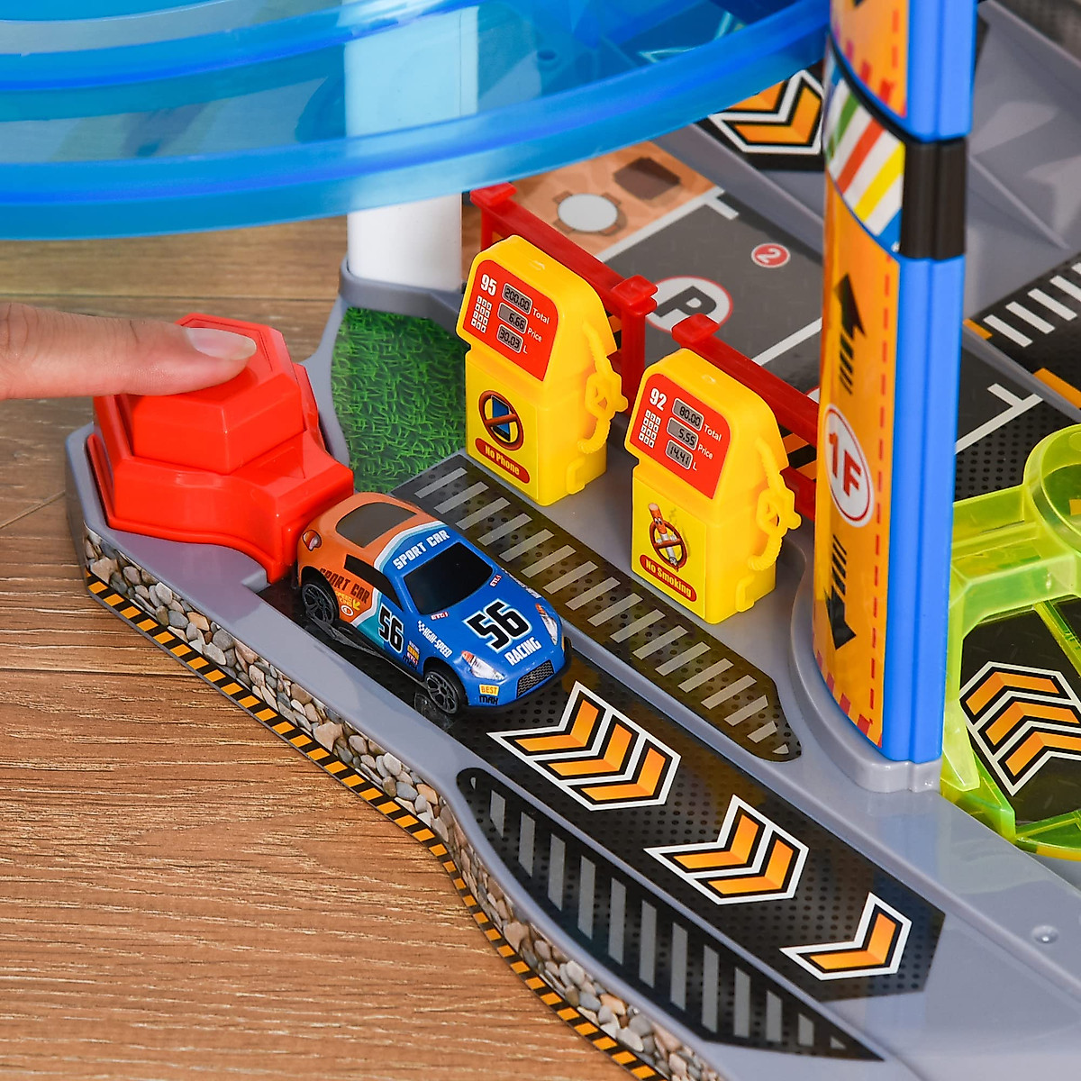 Qaba 7-Level Car Parking Garage Toy Dual Race Tracks Car Ramp Set Toddler Car Games 102 PCS w/Electric Elevator Wash, Gas, Ejector & Car Repair Station Metal Cars for 3-6 Years Old