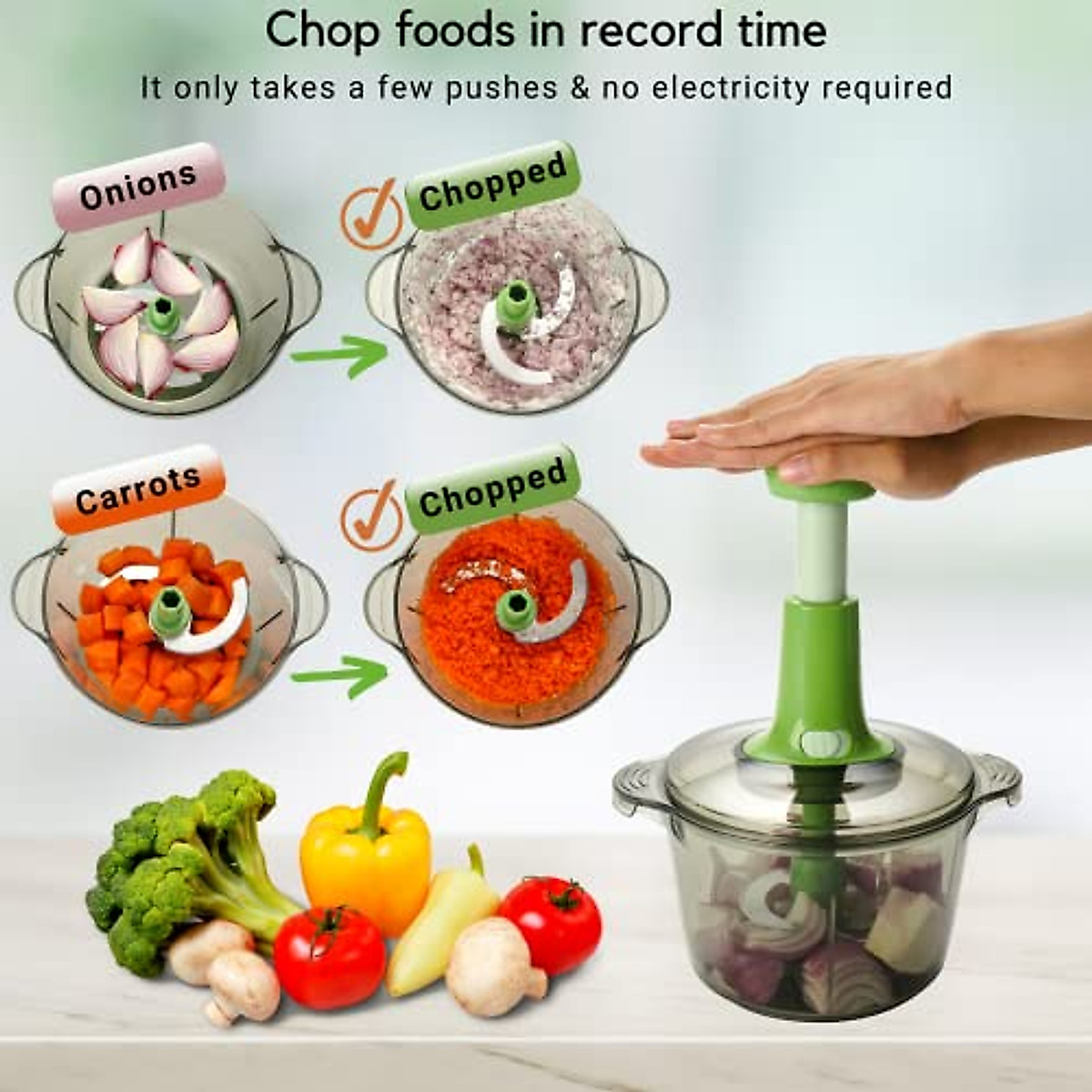 Brieftons Express Manual Food Chopper: Large 8.5-Cup, Hand Chopper Vegetable Cutter to Chop Veggies, Fruits, Herbs, Garlic Onion Chopper for Salsa, Salad, Pesto, Guacamole, Coleslaw, Indian Cooking