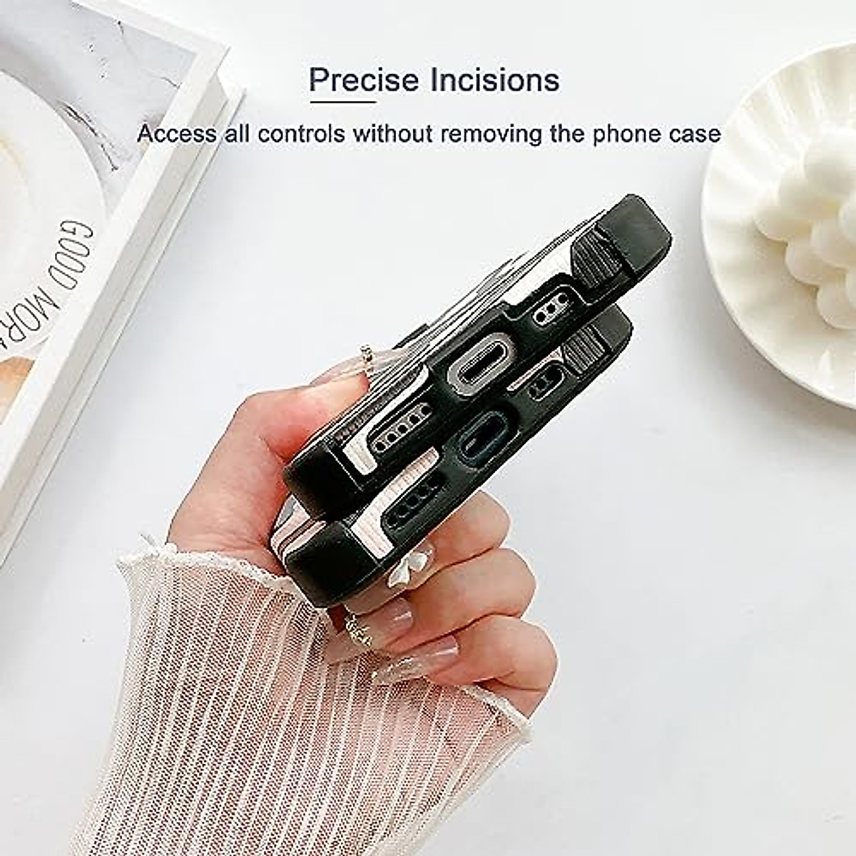 INJPCUCA Designed for iPhone 13 Pro Max Case, Cute Wave Pattern Design Black Protective Case for Women Girls PU Leather Silicone Slim Shockproof Cover for iPhone 13 Pro Max 6.7", Beige Pink