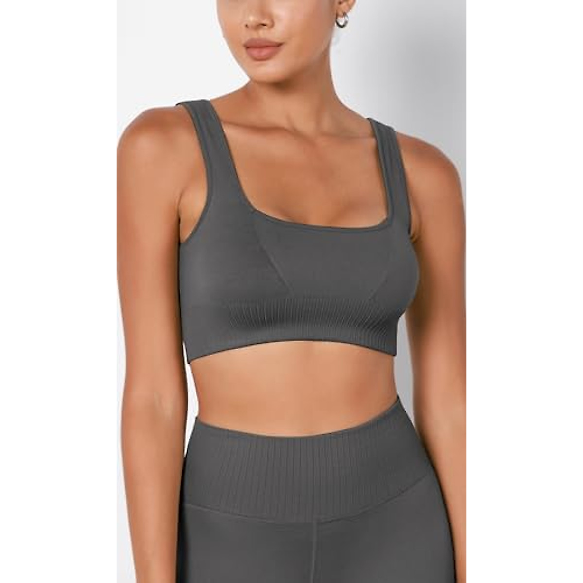 ODODOS Seamless Square Neck Sports Bra for Women Ribbed Crop Tank Casual Low Back Cropped Tops, Charcoal, Medium/Large