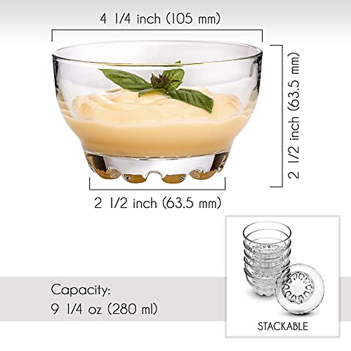 Volarium Glass Bowls Set for Kitchen Prep, Small Glass Bowls for Dessert, Snack, Fruit, or Nuts, 9.5 ounce Capacity Dip Bowls, Set of 6, Premium Quality Clear Glass