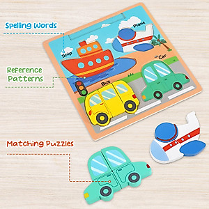 Wooden Puzzles for Toddlers 1-3, Educational Preschool Puzzle Toy, Each Set of Jigsaw Puzzles Contains 4 Patterns, Backside Can be Used as a Drawing Board
