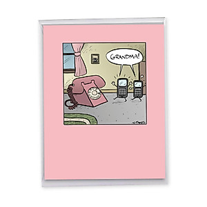 NobleWorks - 1 Large Happy Birthday Card (8.5 x 11 Inch) - Funny Cartoon Stationery for Celebrating Birthdays - Grandma Phone J1609BDG