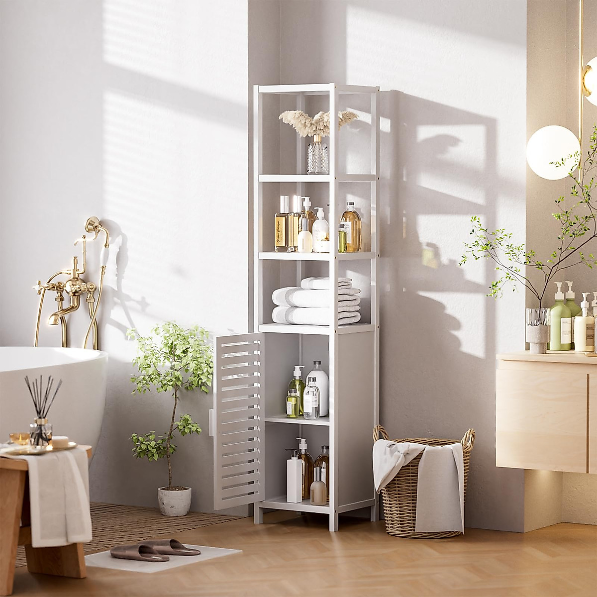 HITNET Bathroom Tall Cabinet, Floor Standing Bamboo Storage Cabinet with 6 Shelves and Shutter Door for Kitchen Living Room, White