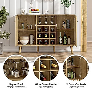 Giluta Rattan Wine Bar Cabinet 2-Door Farmhouse Liquor Cabinet with Wine Rack and Glass Holder, Rustic Oak Sideboard Buffet Storage, Modern Wooden Coffee Bar Cabinet for Living Dining Room Kitchen