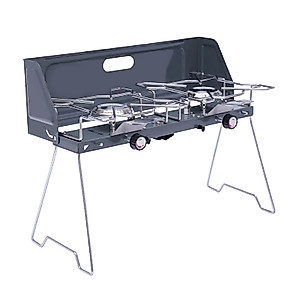 Stainless Steel Portable Butane Gas 9000w Dual Burner Gray Cooking Stove Camping Stoves with Foldable Legs Portable Bag and 3 Wind Panels for Party Picnic and Outdoor Cooking