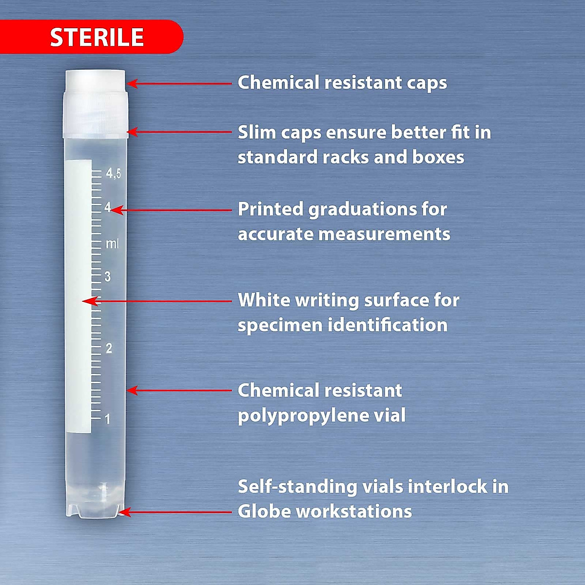 Globe Scientific CryoClear 3015-50 Polypropylene Barcoded Cryogenic Vial, 5mL Capacity, Sterile, External Threads, Attached Screwcap with Molded O-Ring, Round Bottom, Self-Standing (Case of 50)