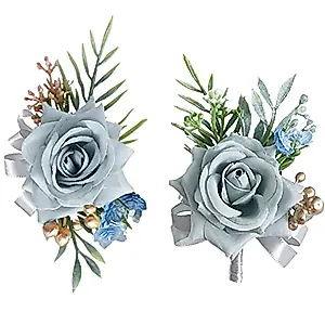 lengenyen 2pcs Airy Blue Corsage and Boutonniere Set, Artificial Rose Wedding Wrist Flower and Men's Boutonniere for Wedding Ceremony Anniversary Formal Dinner Party