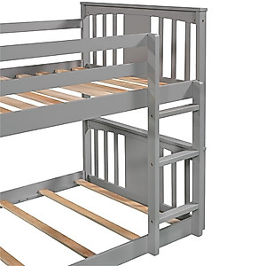 TURRIDU Bunk Bed Twin Over Twin with Slide, Low Solid Wood Twin Bunk Bed Frame with Safety Guardrails and Ladder for Boys Girls Adults, No Box Spring Needed, Gray