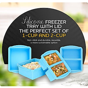 ZIP STANDING Silicone Freezer Trays with Lids, Set of 4 - with 1cup and 2 cup Silicone Freezer Molds for freezing soups, sauces and individual microwave safe