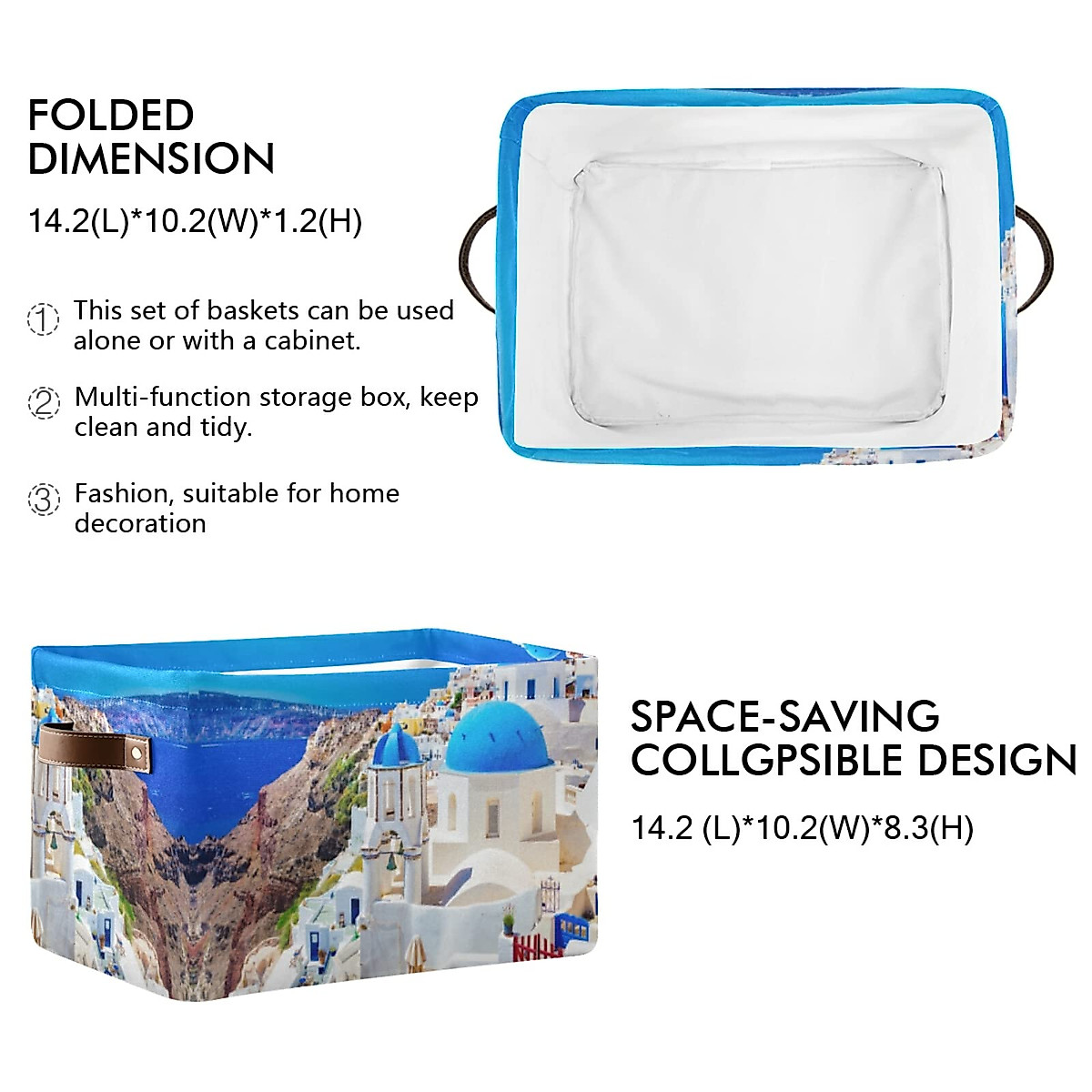 Oyihfvs Oia Town on Santorini Island Greece Famous Houses and Churches 1 PC Rectangle Storage Basket Collapsible Fabric with Leather Handles Bag Organizer Clothes for Home Bedroom 15 x 11 x 9.5 in