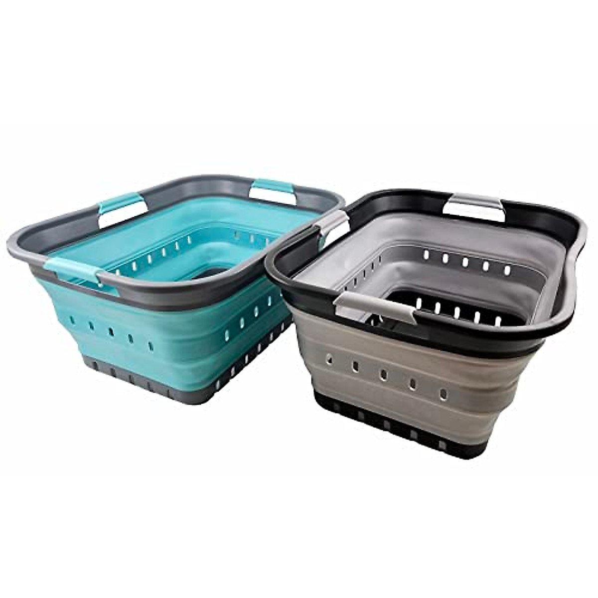SAMMART 42L (11 gallon) Set of 2 Collapsible Plastic Laundry Basket - Foldable Pop Up Storage Container/Organizer - Portable Basket - Space Saving Hamper/Basket (Alloy Grey + Crystal Blue)
