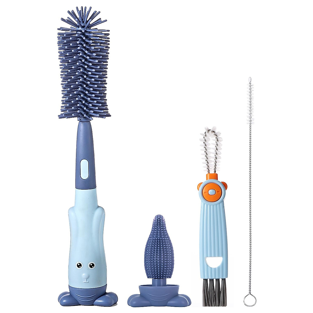 Anivona 4Pcs Baby Bottle Brushes Set, One Silicone Baby Bottle Brush, 1 Hidden Silicone Nipple Cleaner, 1 Straw Brush, 1 Lid Brush, Bottle Brush with Nipple Cleaner and Suction Cup, BPA-Free(Blue)