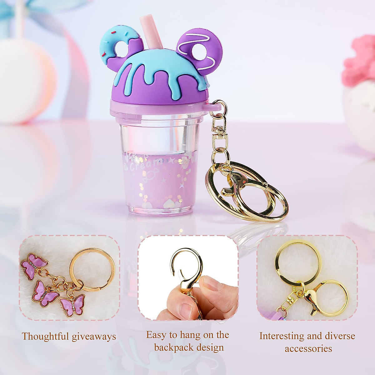 YOU WIZV Liquid Keychain, Kawaii Cute Boba Tea Water Key Chain for Backpacks, Aesthetic Donut Keychain for Girls, Kids,Women, Daughters, Boys（Purple Keychain）