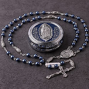 HanlinCC 6mm Glass Pearl Beads Catholic Our Lady of Guadalupe Rosary Necklace for Women and Men with Metal Gift Box (Guadalupe Rosary Blue, Zinc Alloy)