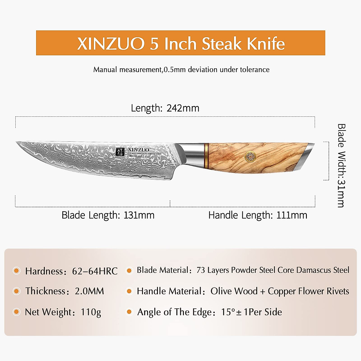 XINZUO Steak Knife Set of 4, Damascus Powder Steel Kitchen Steak Knife Set, Non Serrated Steak Knives, Razor-Sharp Dinner knives with Gift Box, Kitchen Table Knife with Olive Wood Handle-Lan Series