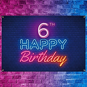 Glow Neon Happy 6th Birthday Backdrop Banner Decor Black – Colorful Glowing 6 Years Old Birthday Party Theme Decorations for Boys Girls Supplies