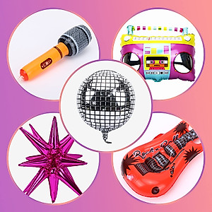 RUBFAC 90s 80s Theme Party Decorations Balloon Arch Kit Inflatable Disco Ball Microphone Rainbow Roller Skate Boom Box Guitar Exploding Star Balloon for Hip Hop Birthday Supplies