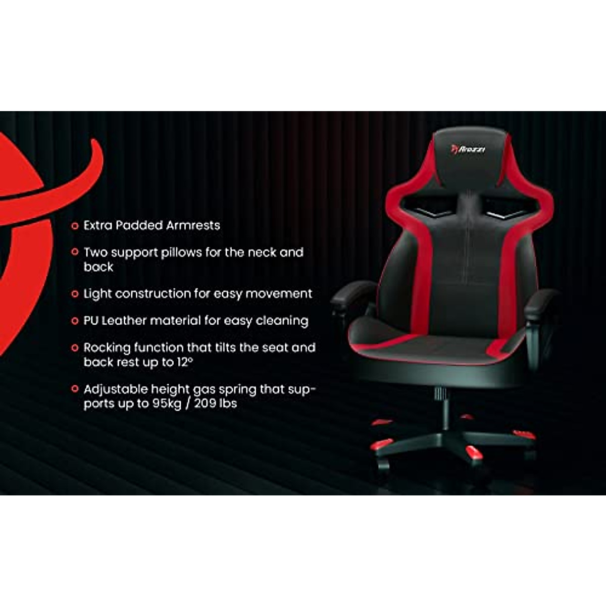 Arozzi - Milano Ergonomic Computer Gaming/Office Chair with Swivel, Tilt, Rocker, Adjustable Height and Adjustable Lumbar Support - Red