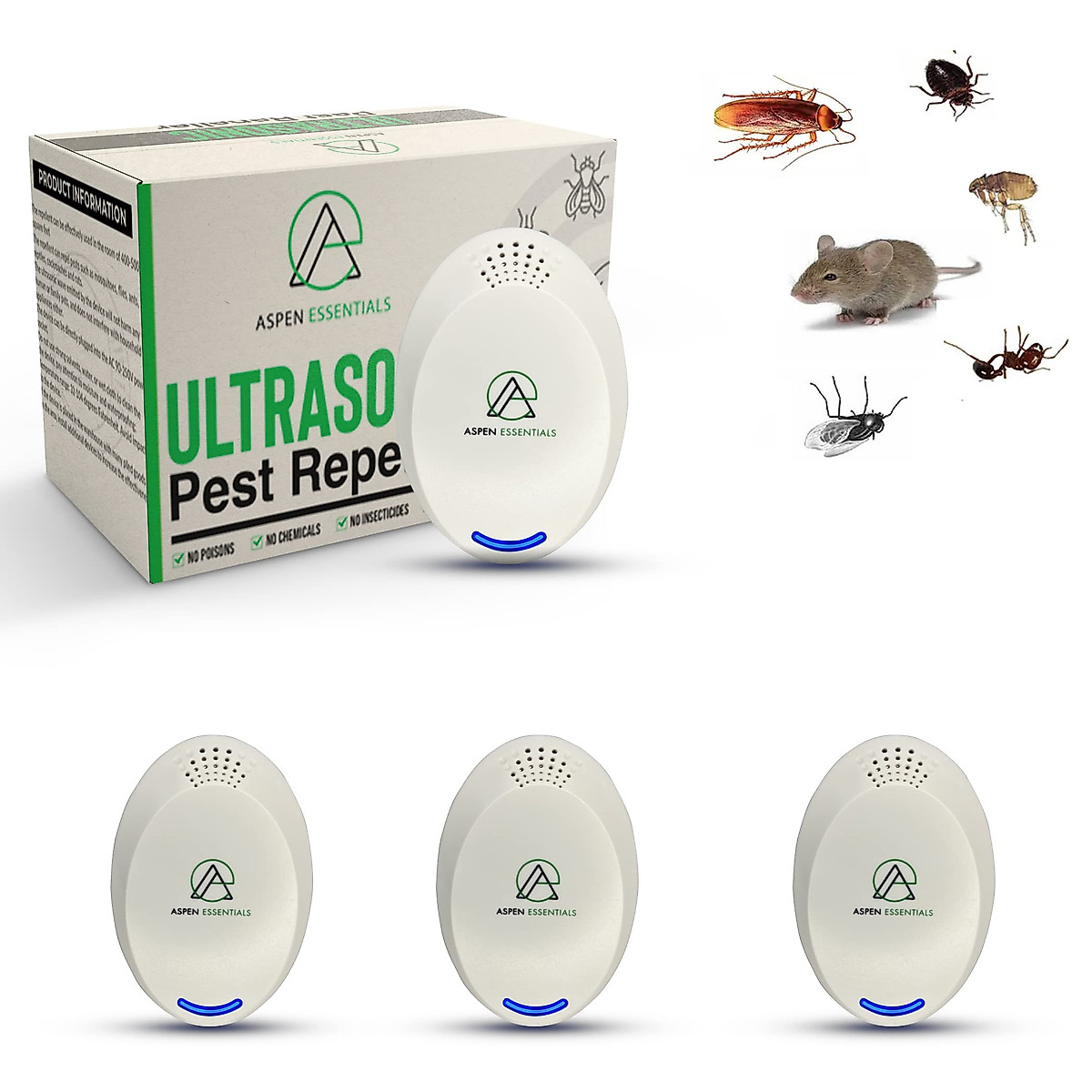 Aspen Essentials Ultrasonic Pest Repeller Indoor Pack of 4 Pest Repeller Plug in Mice Repellent for House | Bug Repellent for Indoor Pest Control for Office, Warehouse and Hotel