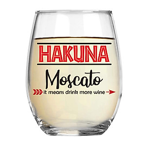 AW Fashions Hakuna Moscato It Means Drink More Wine Funny 15oz Crystal Stemless Wine Glass - Fun Wine Glasses with Sayings Idea For Women, Her, Mom on Mother's Day Or Christmas